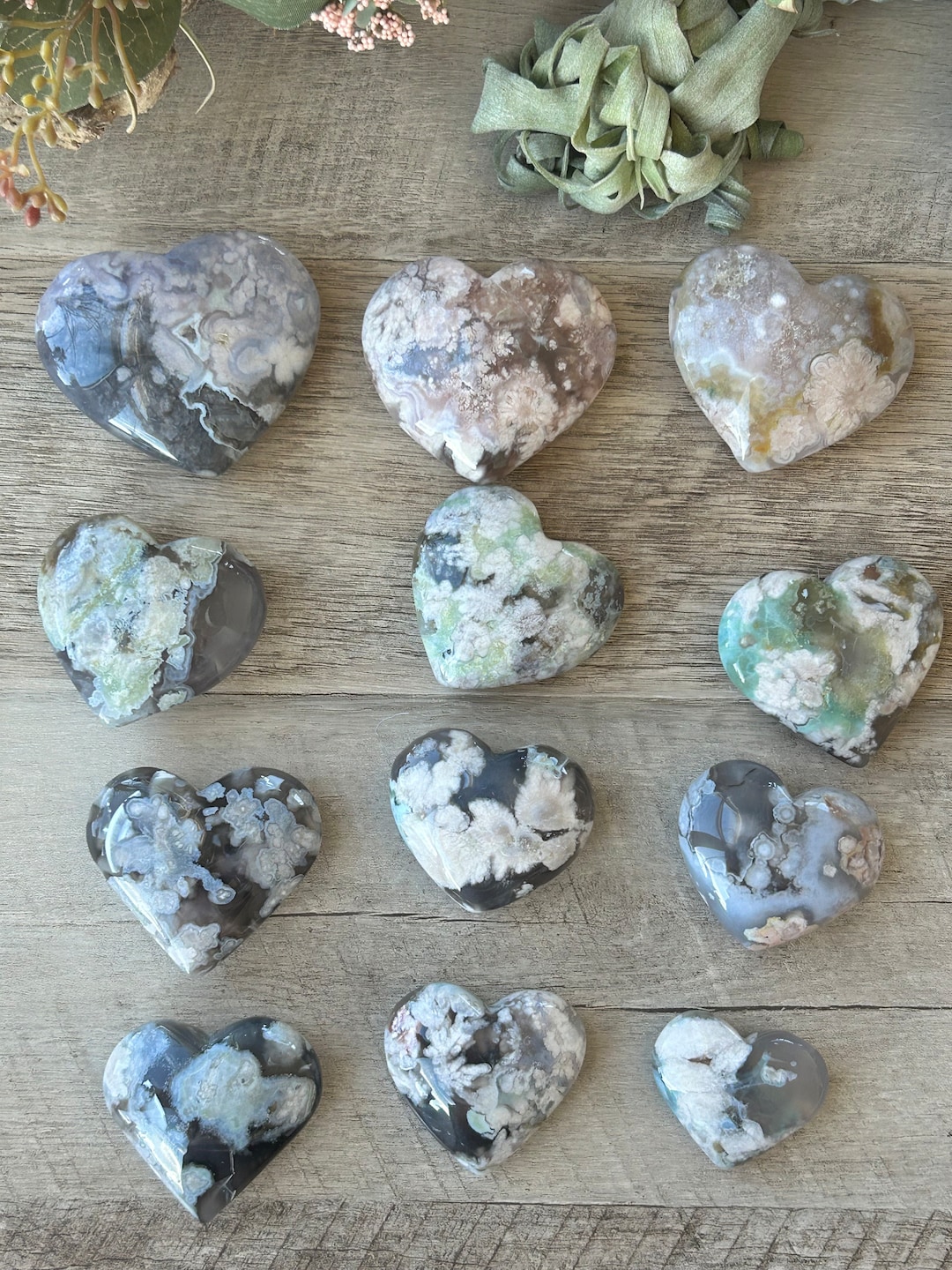 Natural Black, Blue and Green Flower Agate Hearts Black Sakura Agate ...
