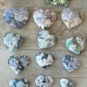 Natural Black, Blue and Green Flower Agate Hearts Black Sakura Agate ...