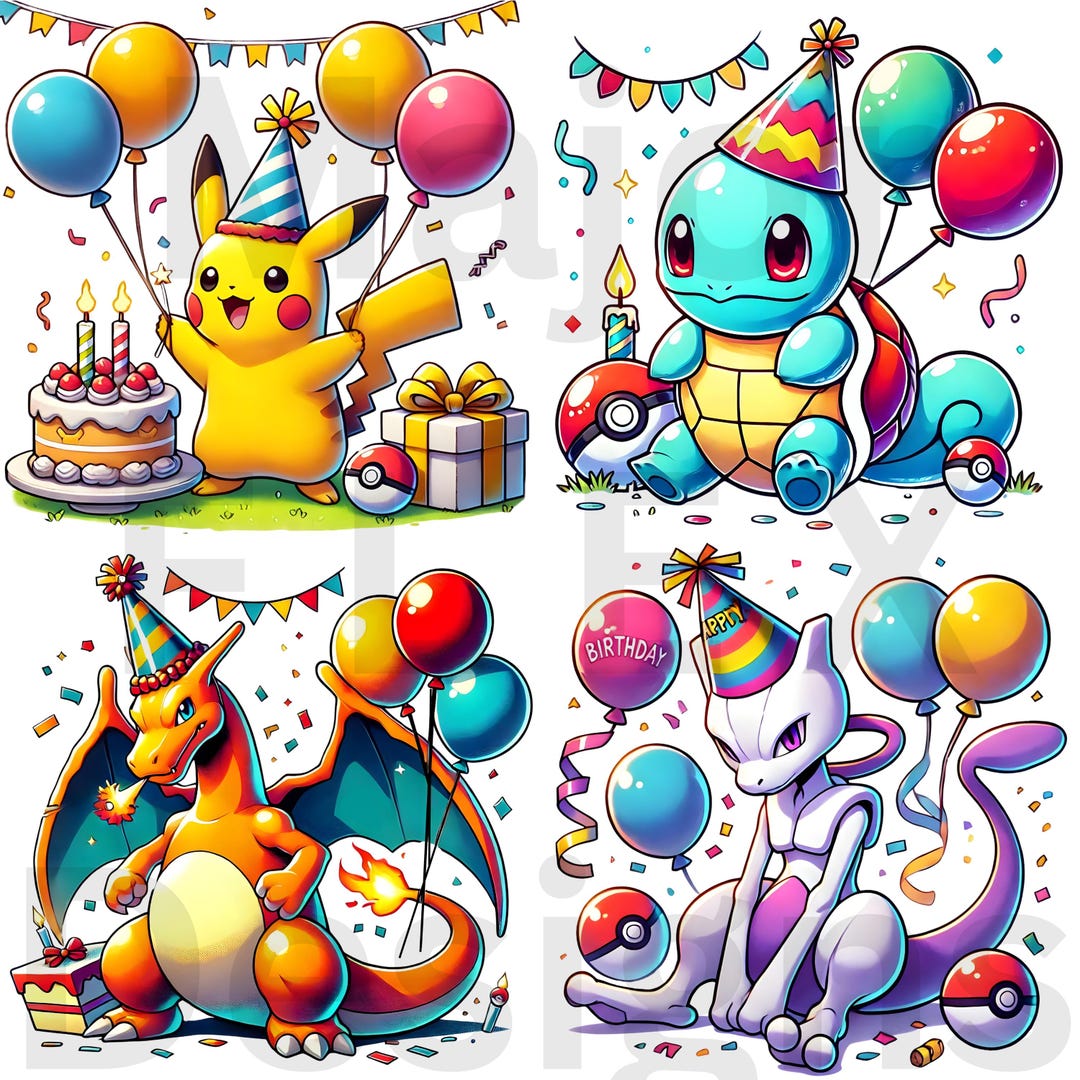 Pokemon Birthday 4-pack Transparent Pngs, Pikachu Birthday Sublimation ...