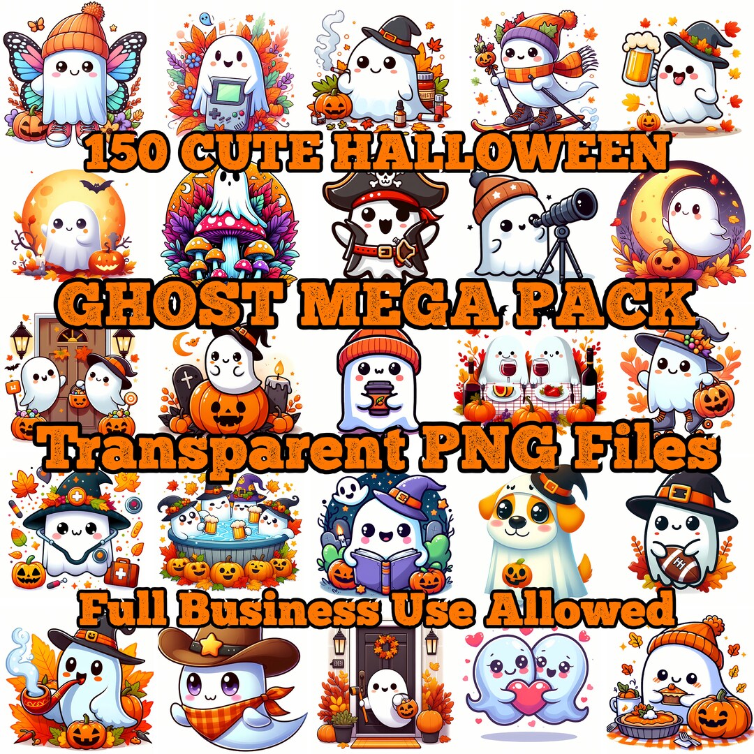 150 Cute Halloween Ghost MEGA Pack, Cute Ghost PNG Bundle, Ghost PNG ...