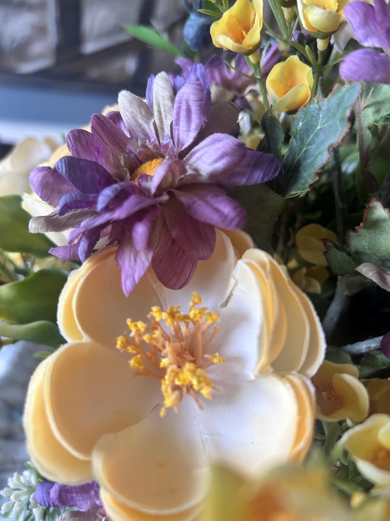 Spring Flower Arrangement, Yellow and Purple Artificial Flowers, White ...