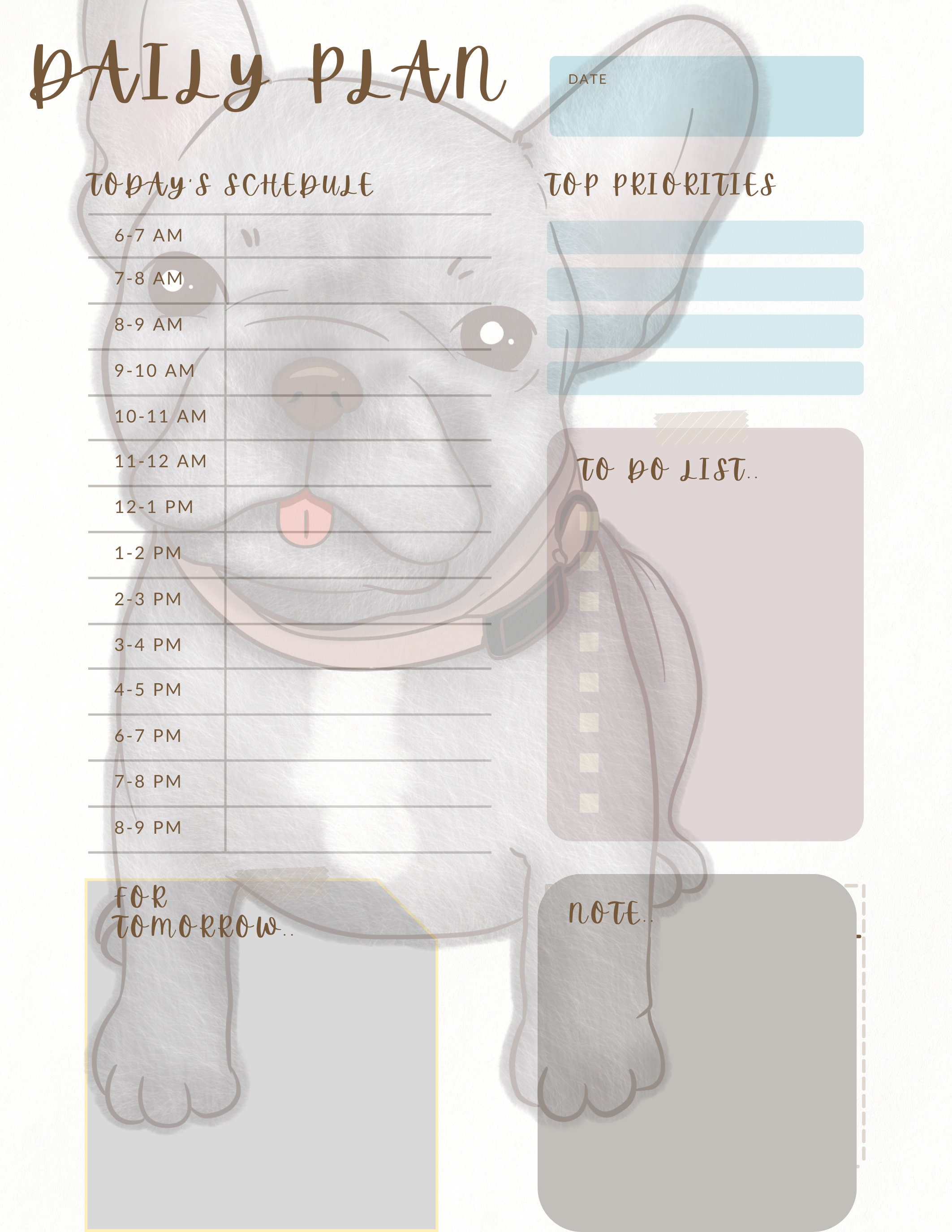 FRENCHIE BULLDOG Daily Planner, Printable Daily Planner, Digital Daily ...