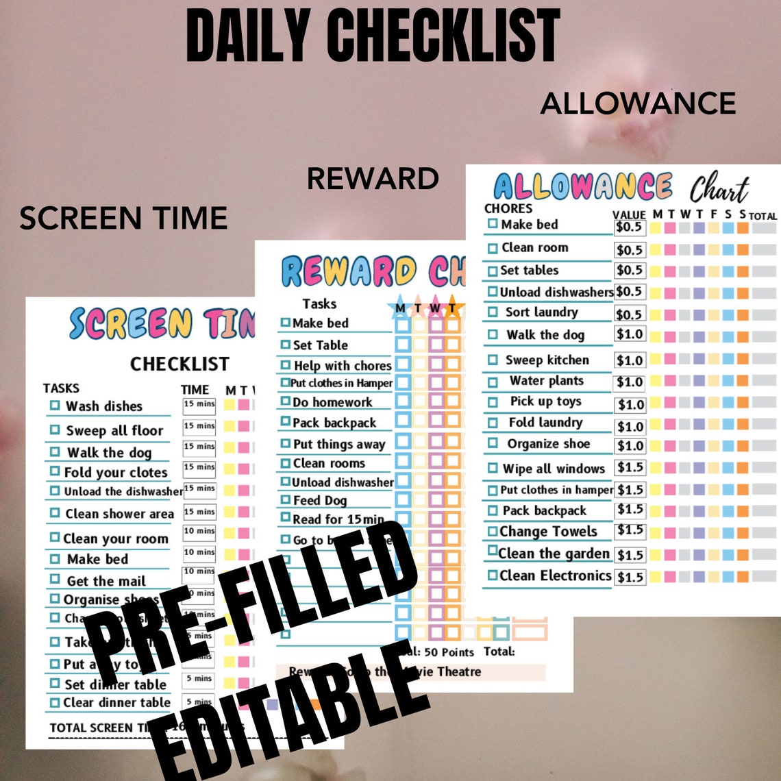 Editable Kids Chore Charts, Reward, Screen Time, School Routine ...
