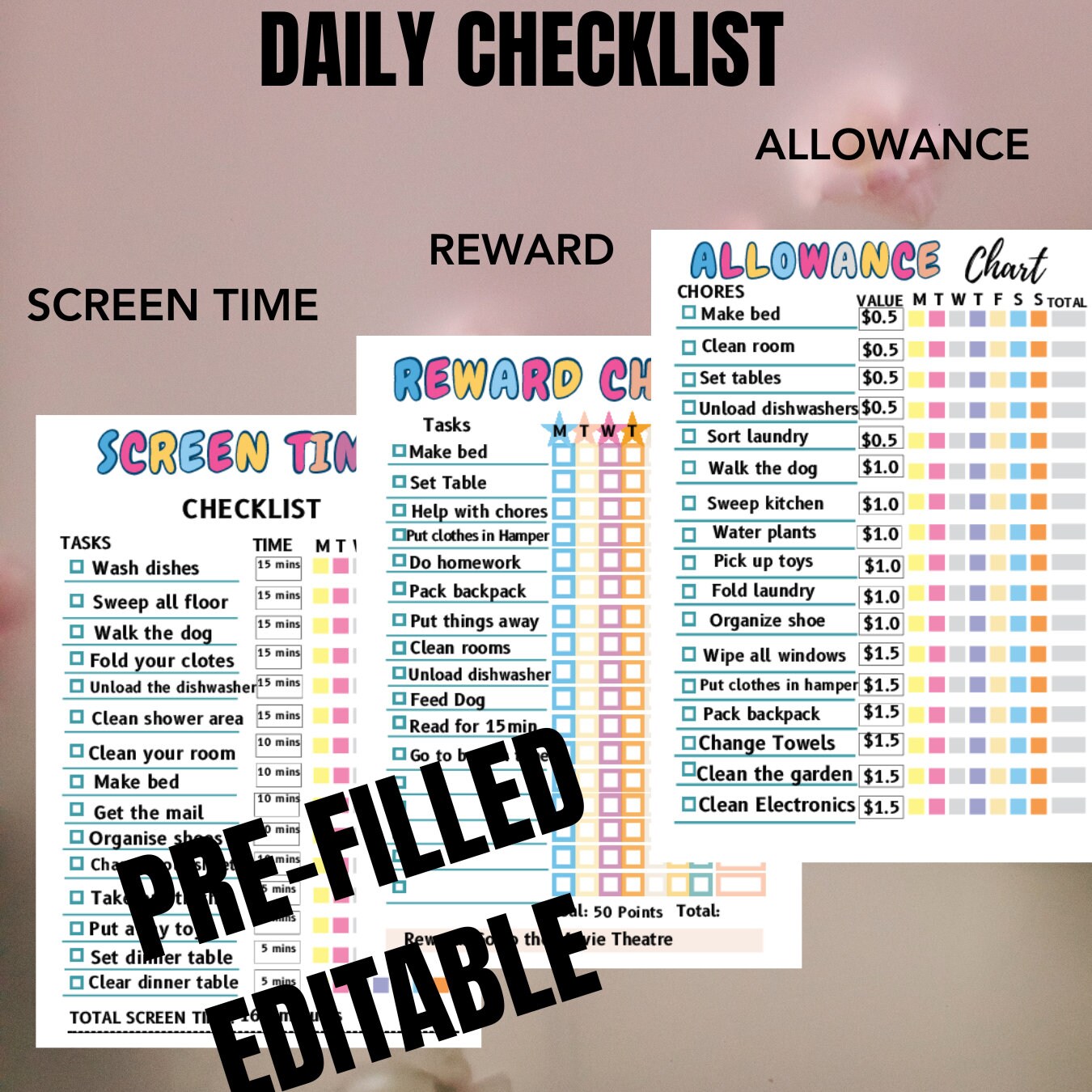 Editable Kids Chore Charts, Reward, Screen Time, School Routine ...