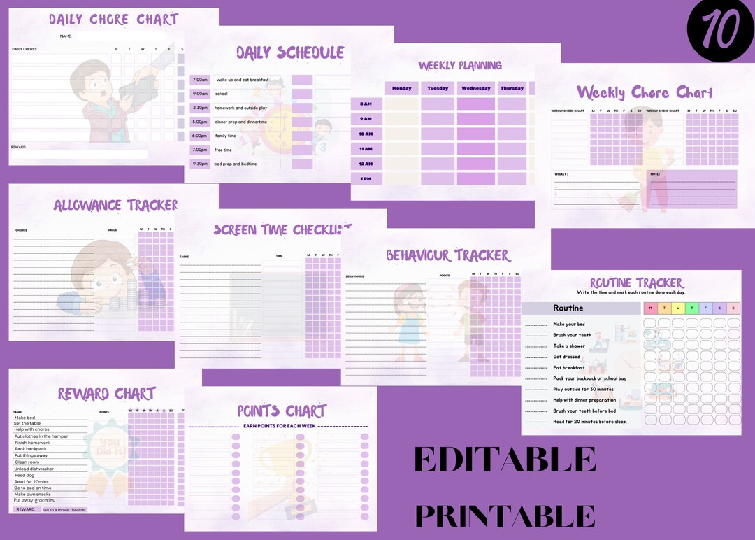 Editable Kids Chore Charts, Reward, Screen Time, School Routine ...