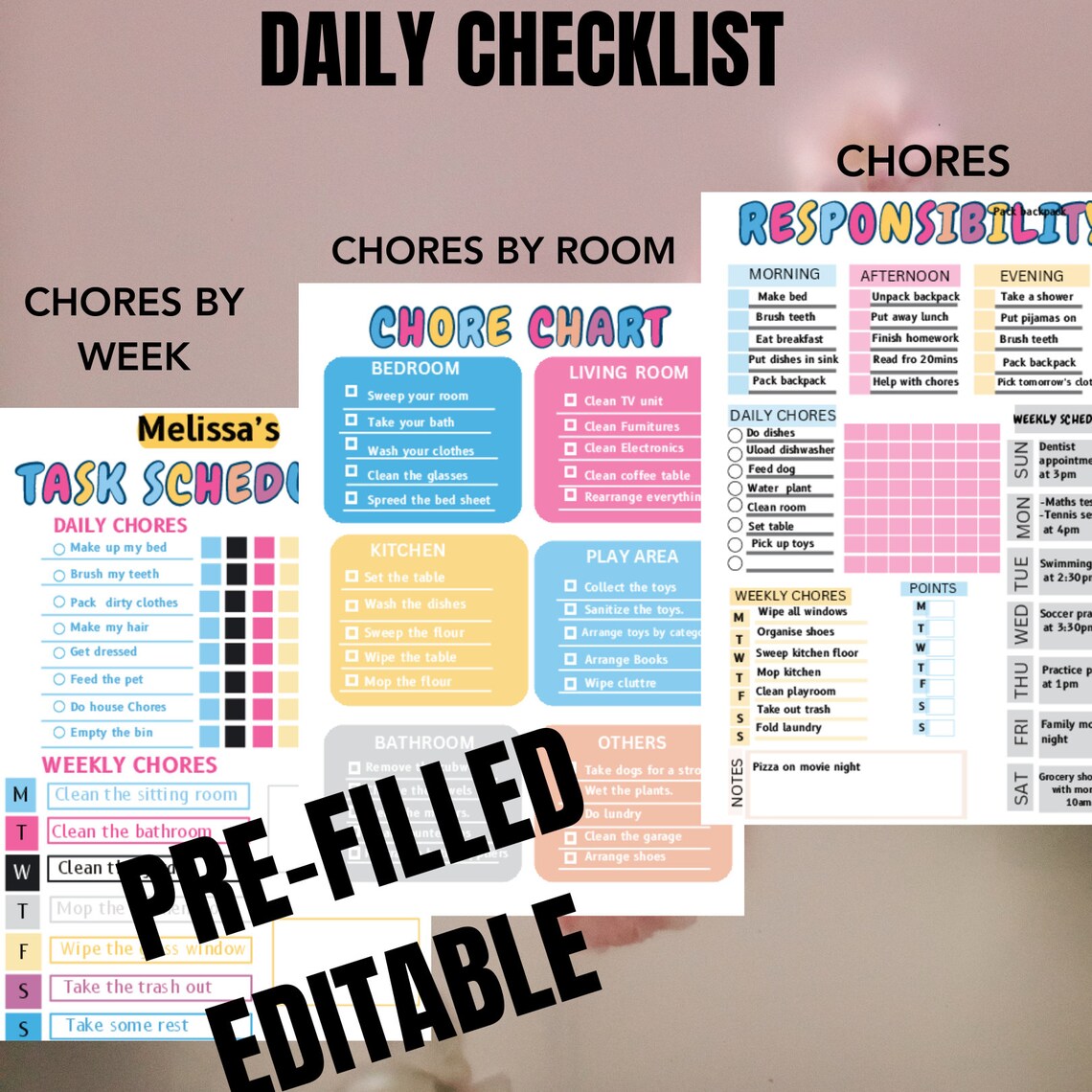 Editable Kids Chore Charts, Reward, Screen Time, School Routine ...