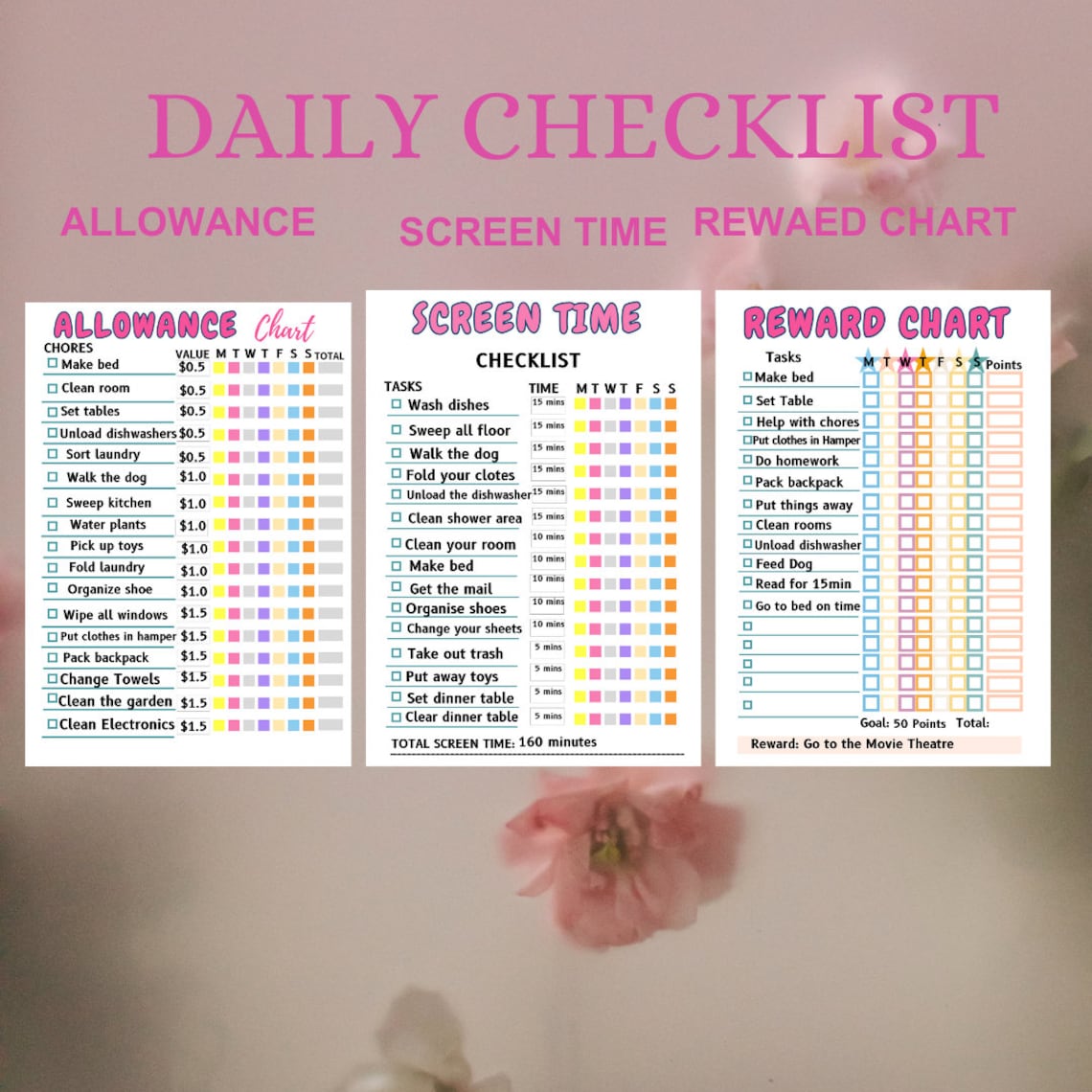 Editable Kids Chore Charts, Reward, Screen Time, School Routine ...