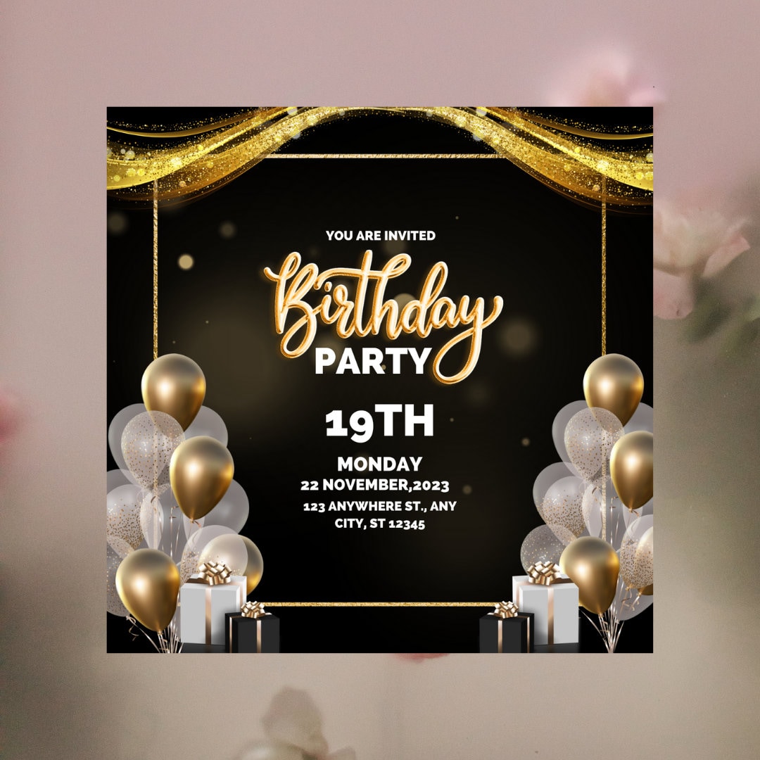 Editable Birthday Invitation Template Black and Gold Birthday Invite ...