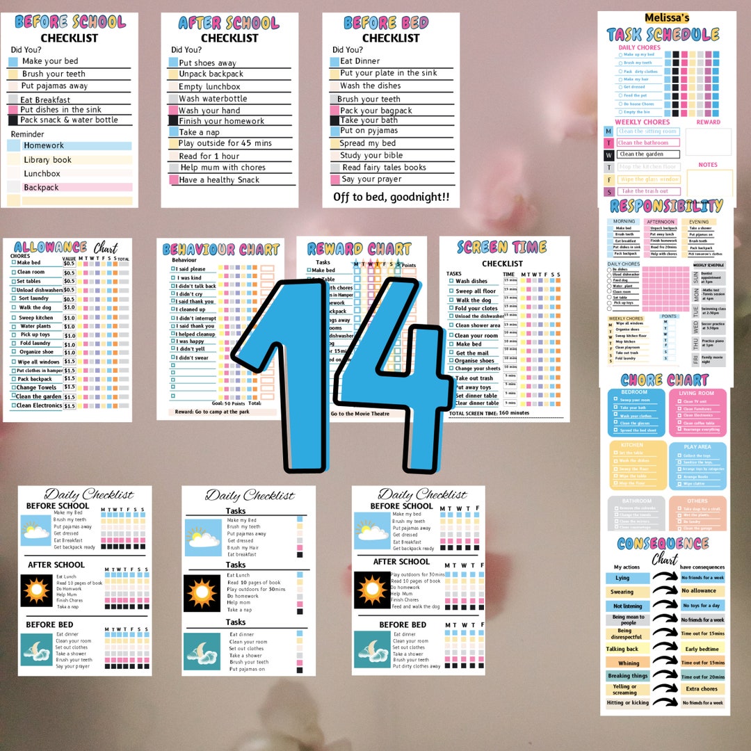 Editable Kids Chore Charts, Reward, Screen Time, School Routine ...