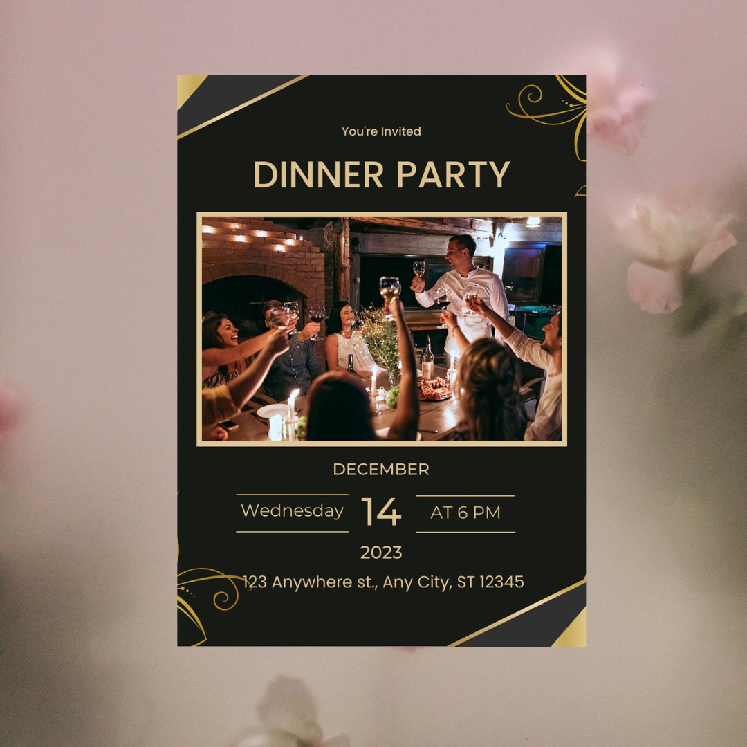 Editable Birthday DINNER Invitation Template Black and Gold Birthday ...