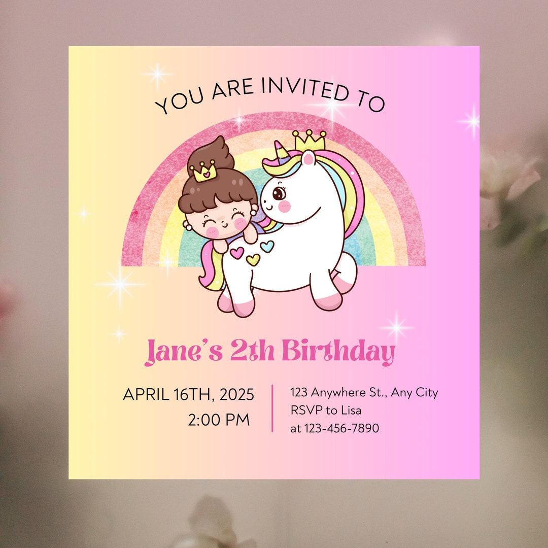 Unicorn 2th Birthday Invitation Editable, Four Ever Magical Birthday ...