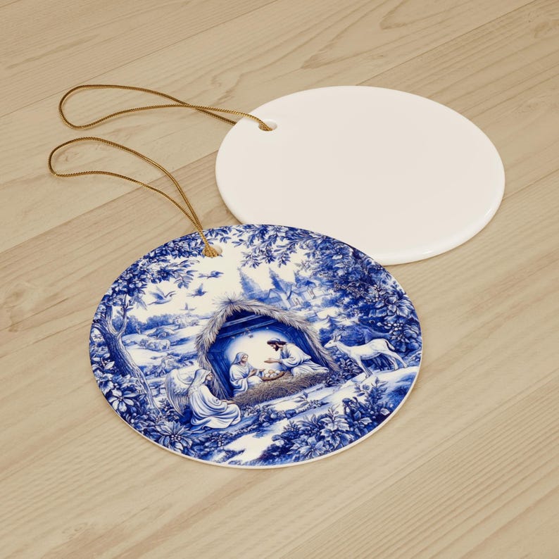 Chinoiserie Nativity Ornament: Vintage Blue Toile Ceramic Keepsake ...
