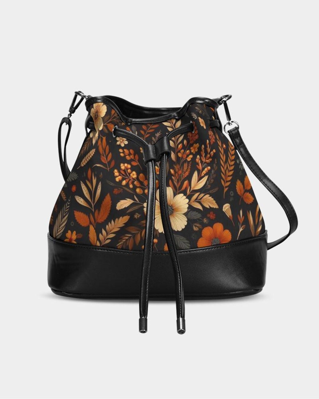 Mini Drawstring Bucket Bag Autumn Floral Black Background Harvest ...