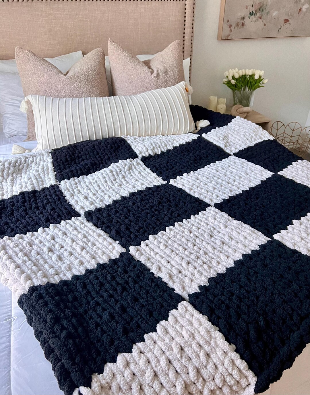 Checkered Chunky Knit Blanket - Etsy