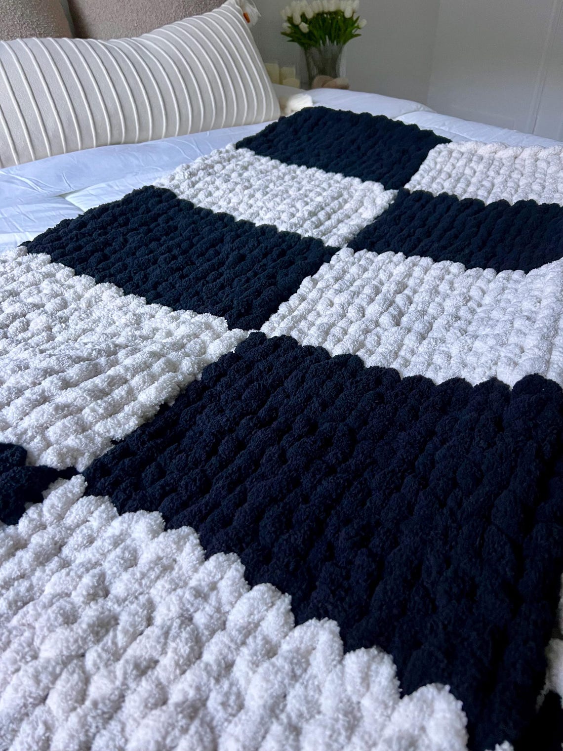 Checkered Chunky Knit Blanket - Etsy