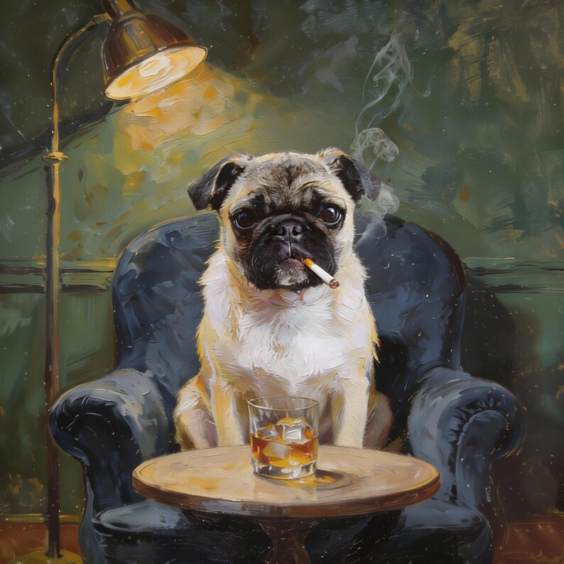 Artistic Dog Illustration Poster, Creative Studio Wall Decor, Smoking ...