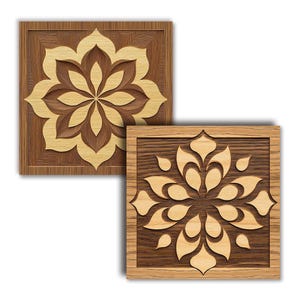 Floral Wood Carving Pattern Set, Square Seamless Design, Natural Wood ...