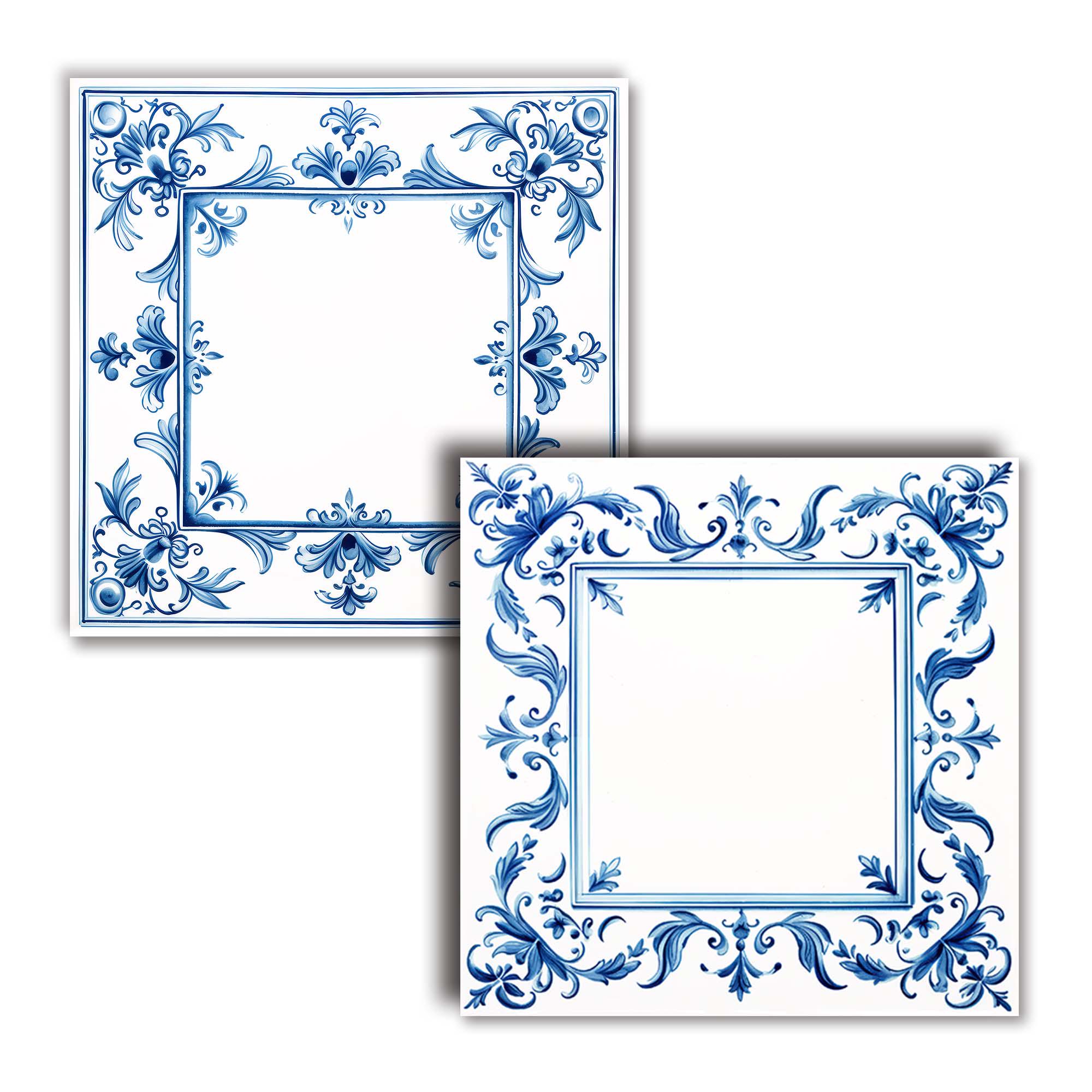 Blue Border Tile Set, Ornate Square Frames, Floral Scrollwork, DIY Text ...