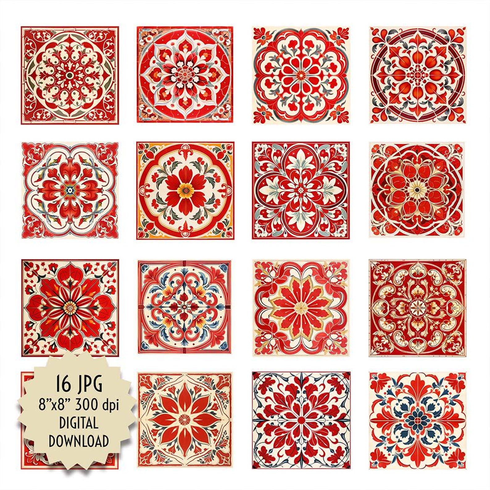 16 Red Tile Set, 8x8" Digital Clipart, Printable Decorative Stickers ...