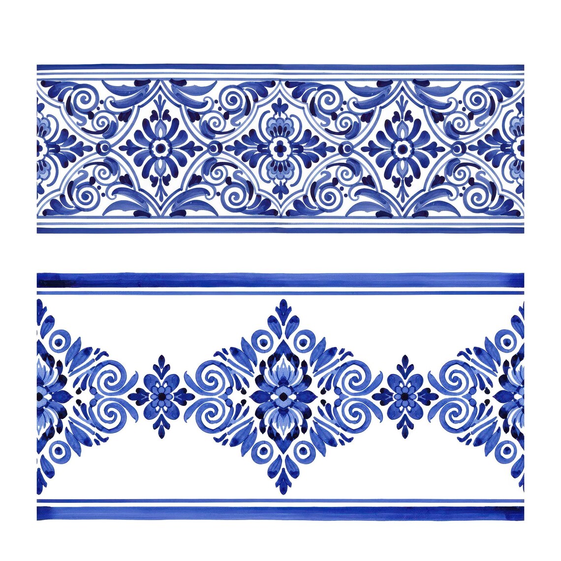 Blue and White Tile Borders, Seamless Watercolor Floral Geometric ...