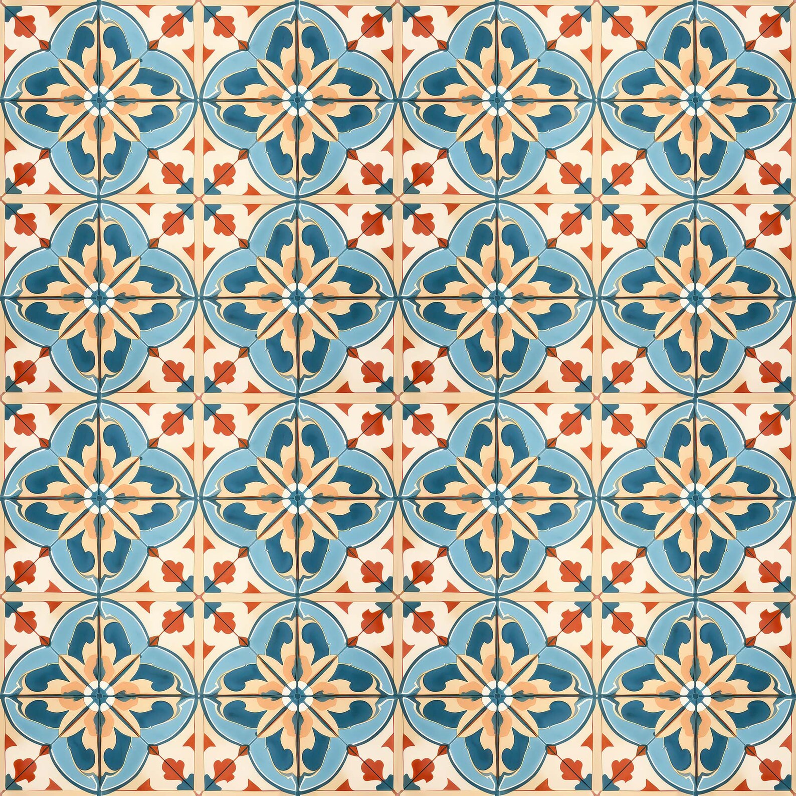 Traditional Mediterranean Glazed Ceramic Tile, Symmetrical Pattern ...