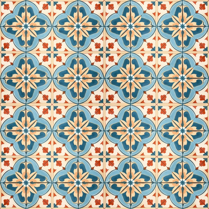 Traditional Mediterranean Glazed Ceramic Tile, Symmetrical Pattern ...