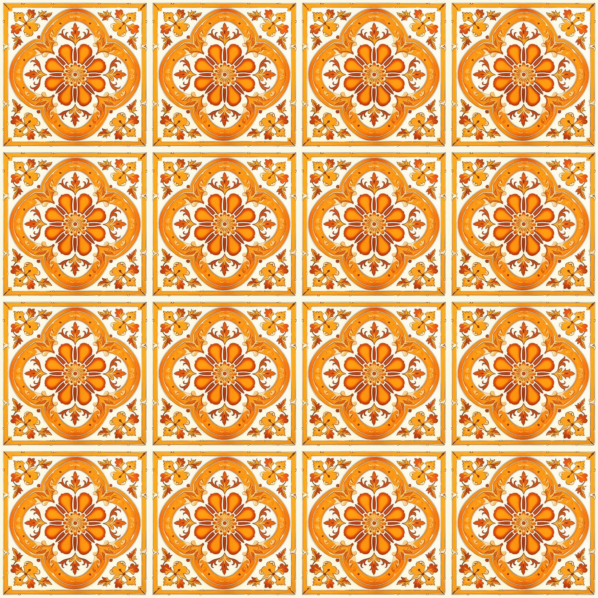 Orange Vintage Antique Spanish-style Geometric Floral Tiles Decorative ...
