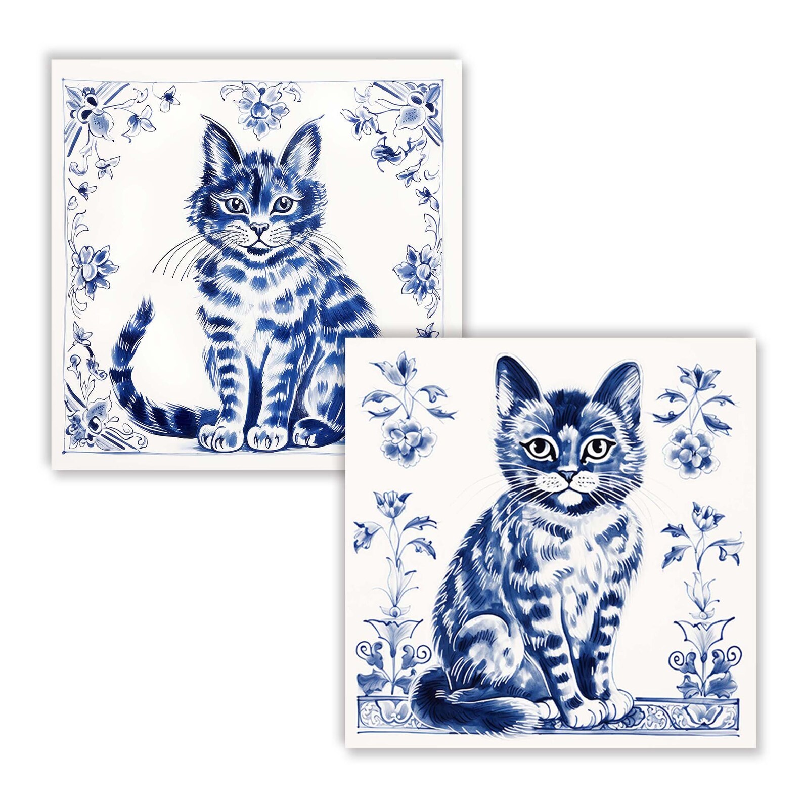 26 Antique Cat Tiles Blue and White Hand-painted Porcelain Decor ...