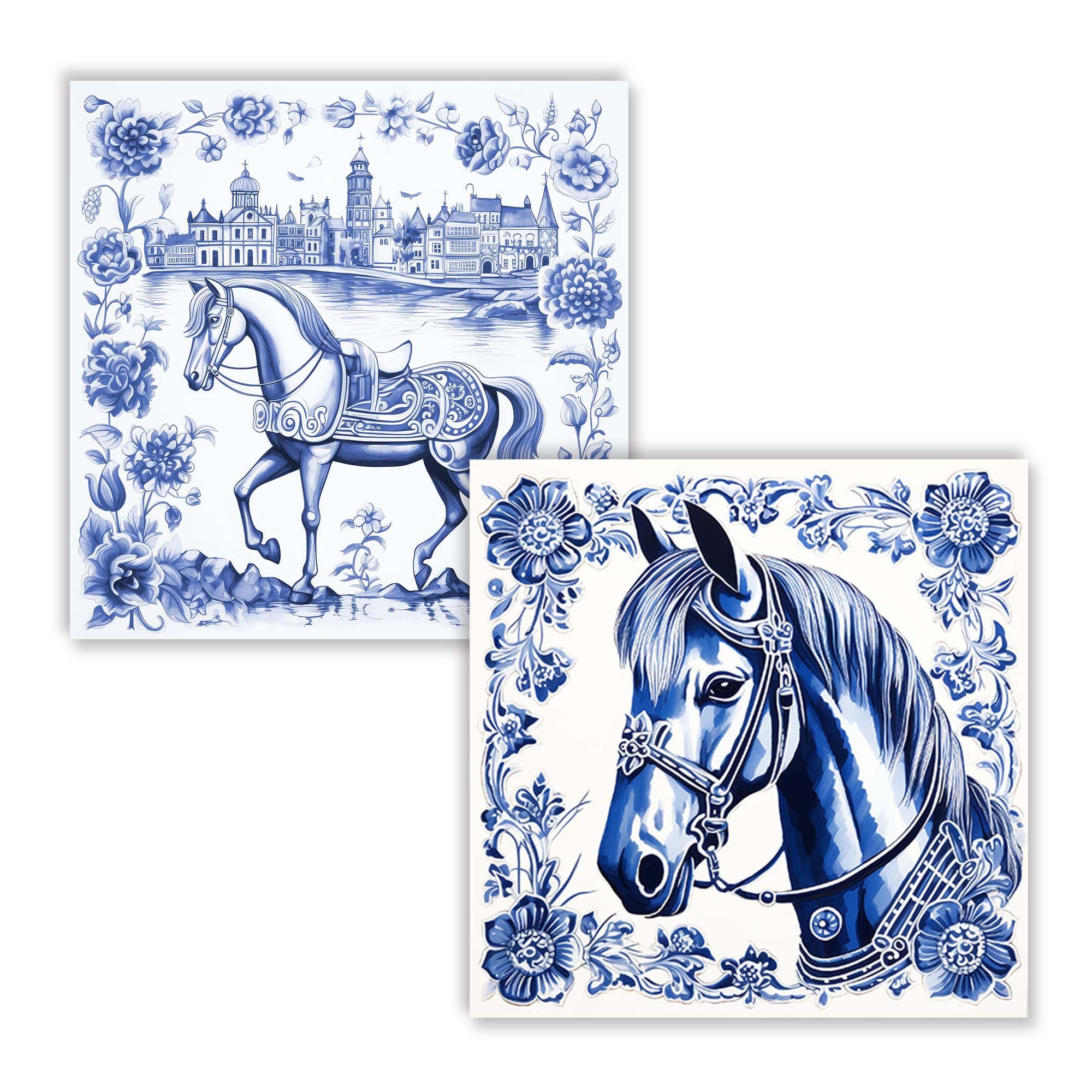16 Horse Tiles Blue and White Hand-painted Porcelain Ceramic Mosaic ...
