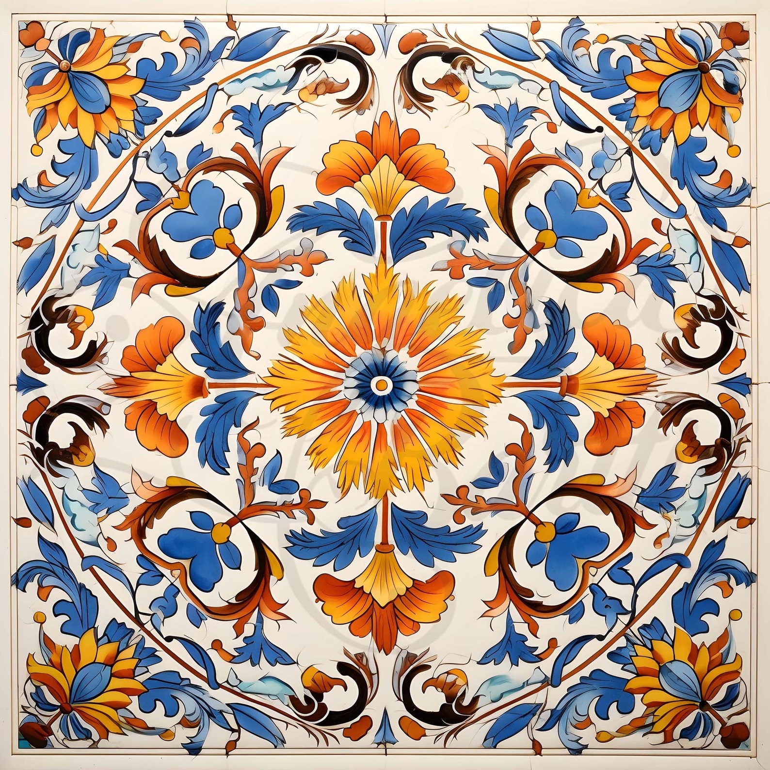 Vintage Geometric Antique Flower Tile Set Spanish Print Decoration ...