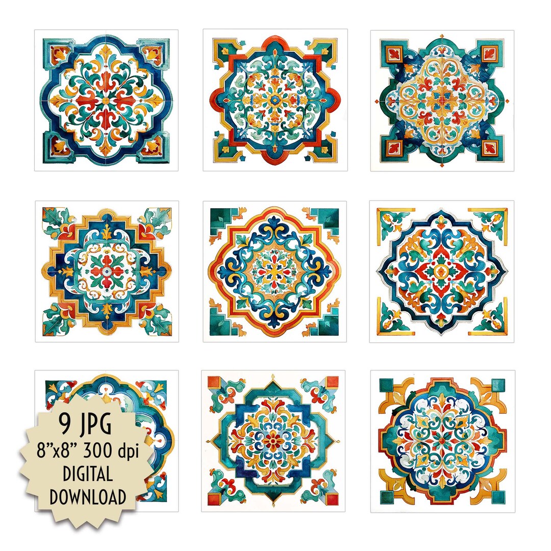 Italian Tile Pattern, Handpainted Watercolor Clipart, Colorful Ornate ...