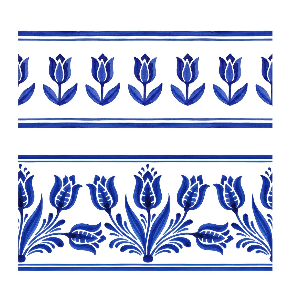 Blue and White Tulip Borders, Seamless Watercolor Floral Pattern, High ...