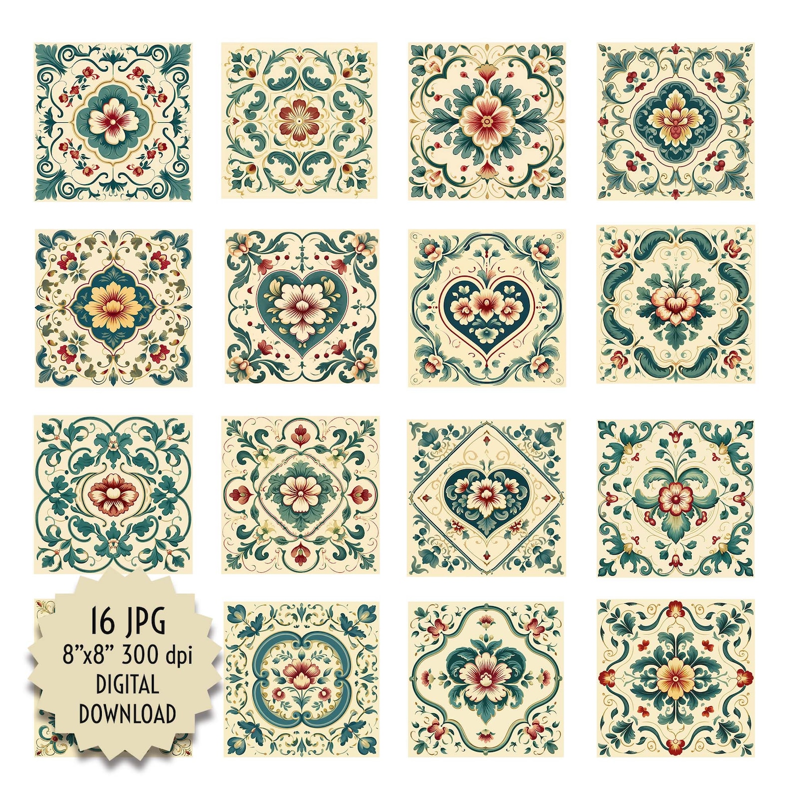 Retro Folk Classic Tiles, Teal, Burgundy, Light Cream Tones. Mosaic for ...