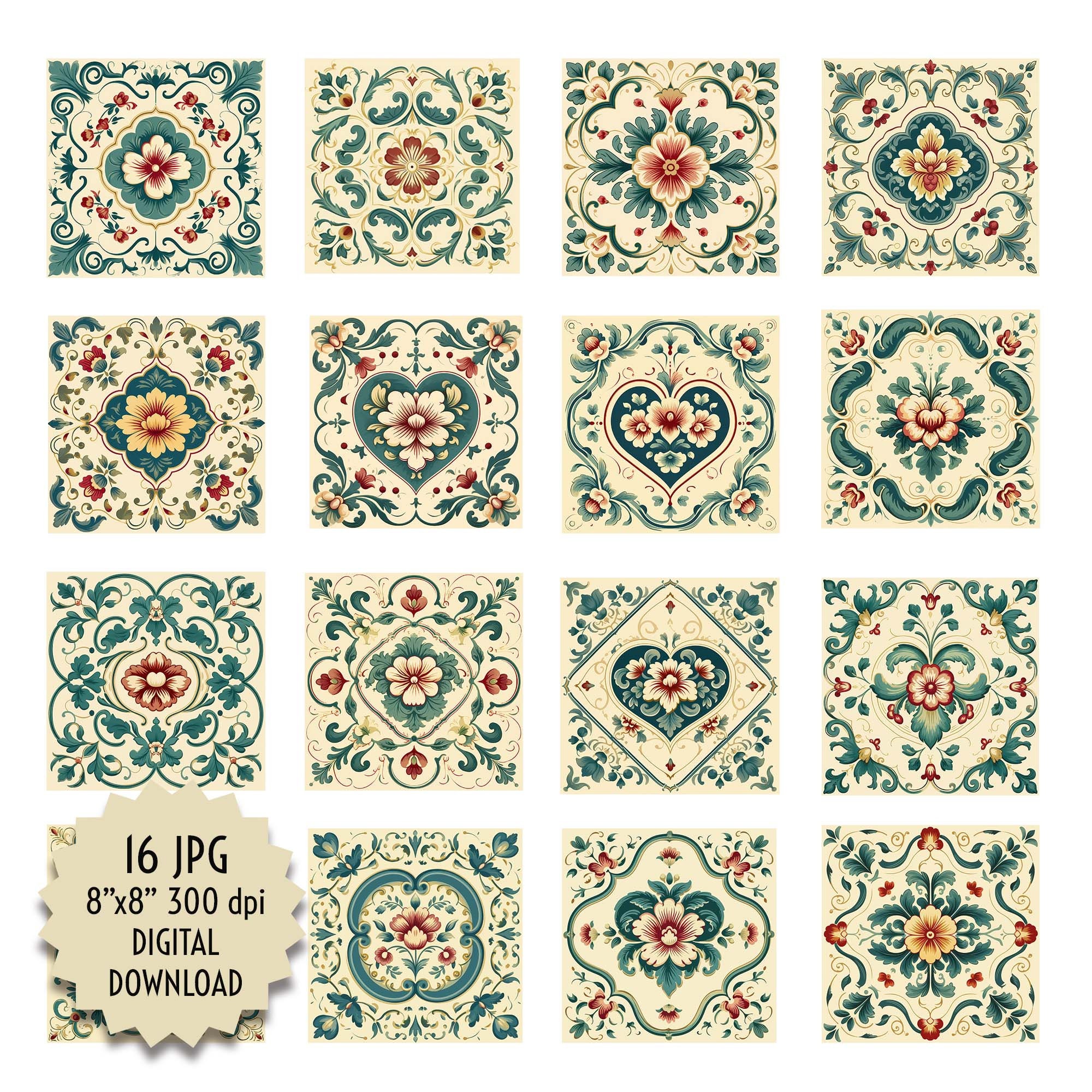 Retro Folk Classic Tiles, Teal, Burgundy, Light Cream Tones. Mosaic for ...