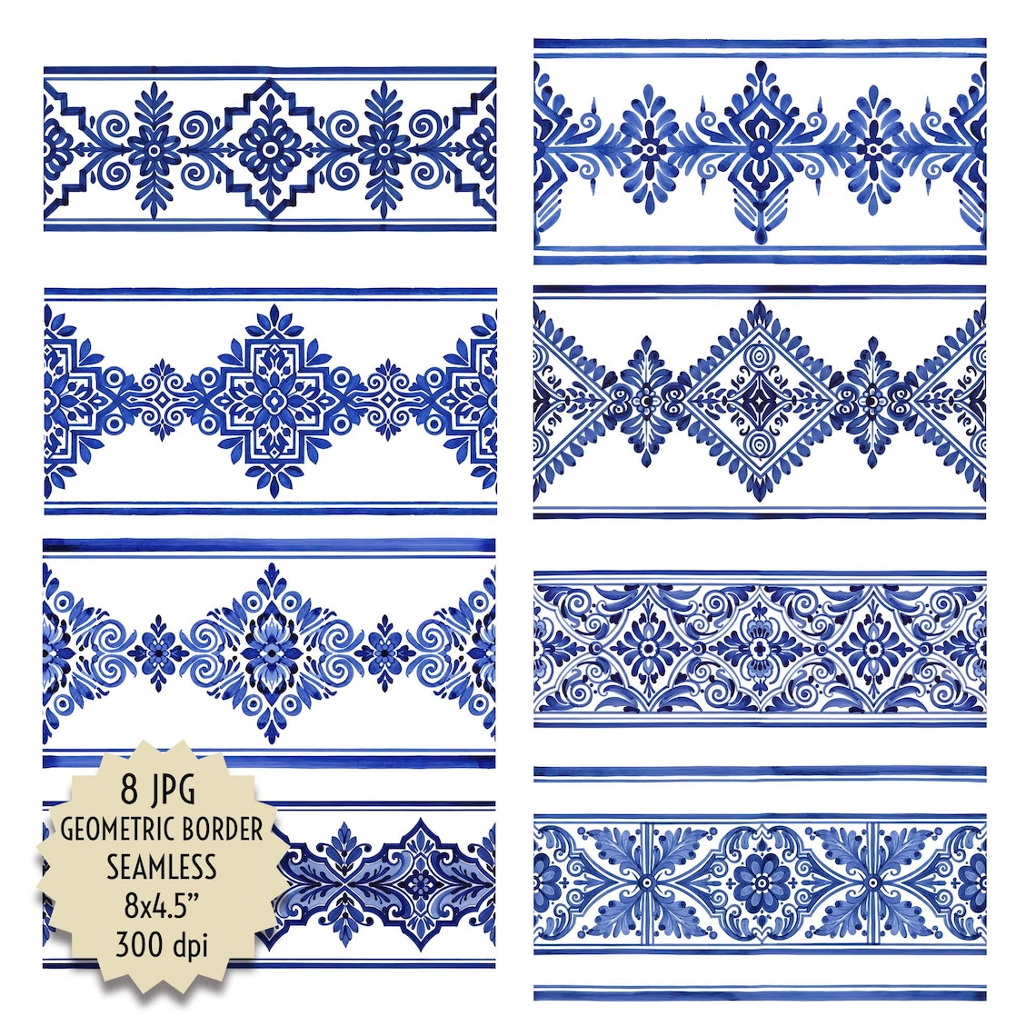 Blue and White Tile Borders, Seamless Watercolor Floral Geometric ...
