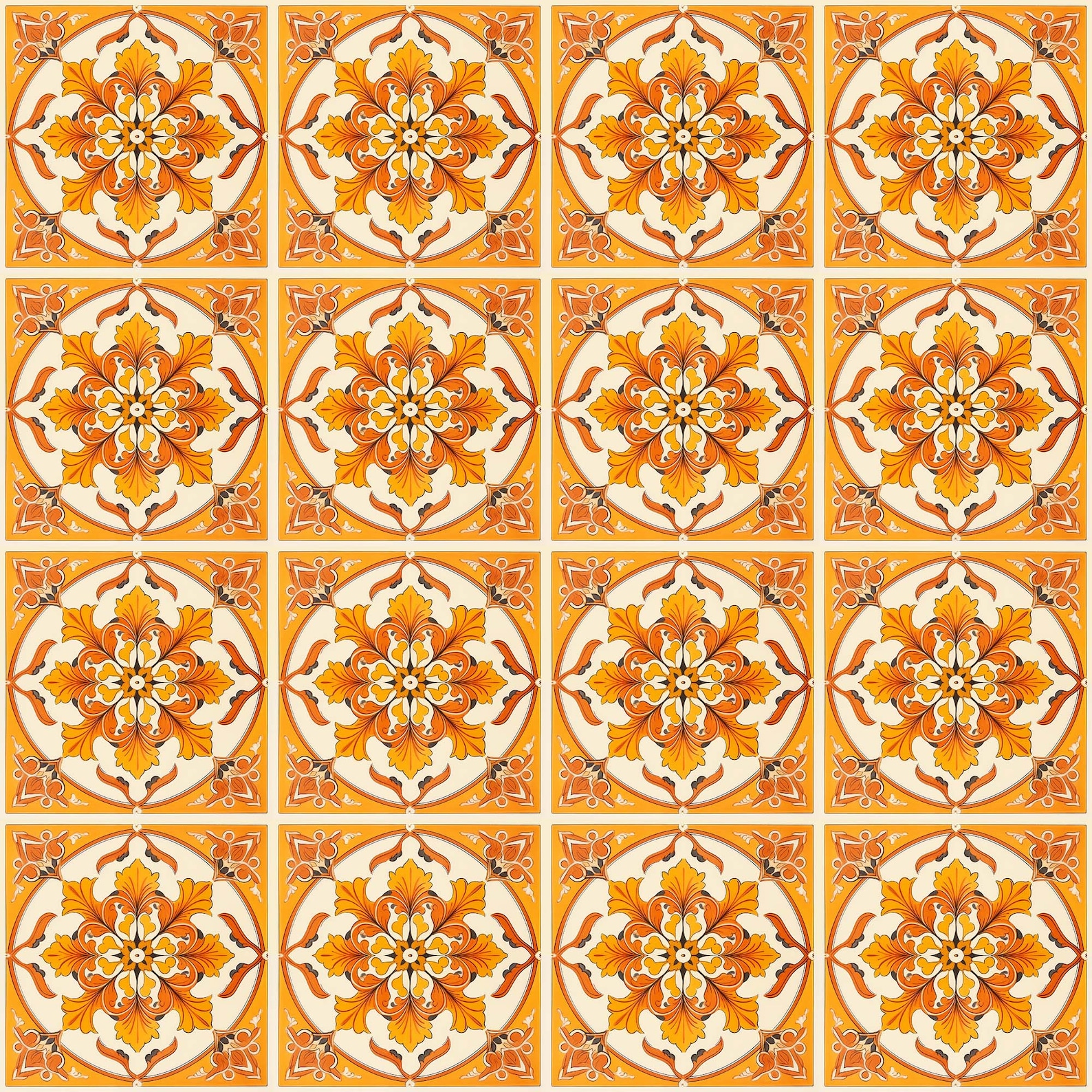 Orange Vintage Antique Spanish-style Geometric Floral Tiles Decorative ...