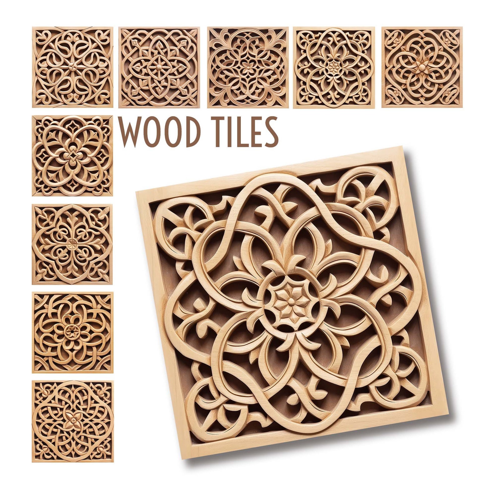 Carved Wood Tiles Arabesque Floral Pattern Design Moroccan Style Brown ...