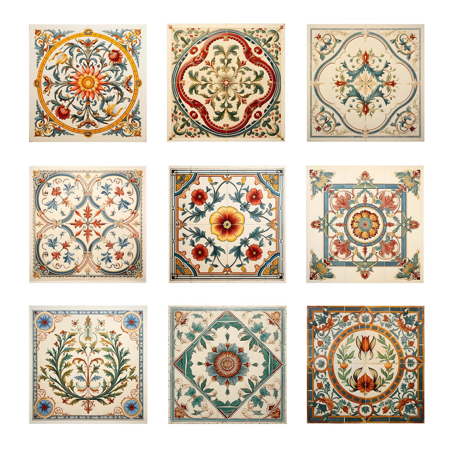 Geometric Floral Ornament Ancient Tile Red Green Brown Beige Mosaic ...