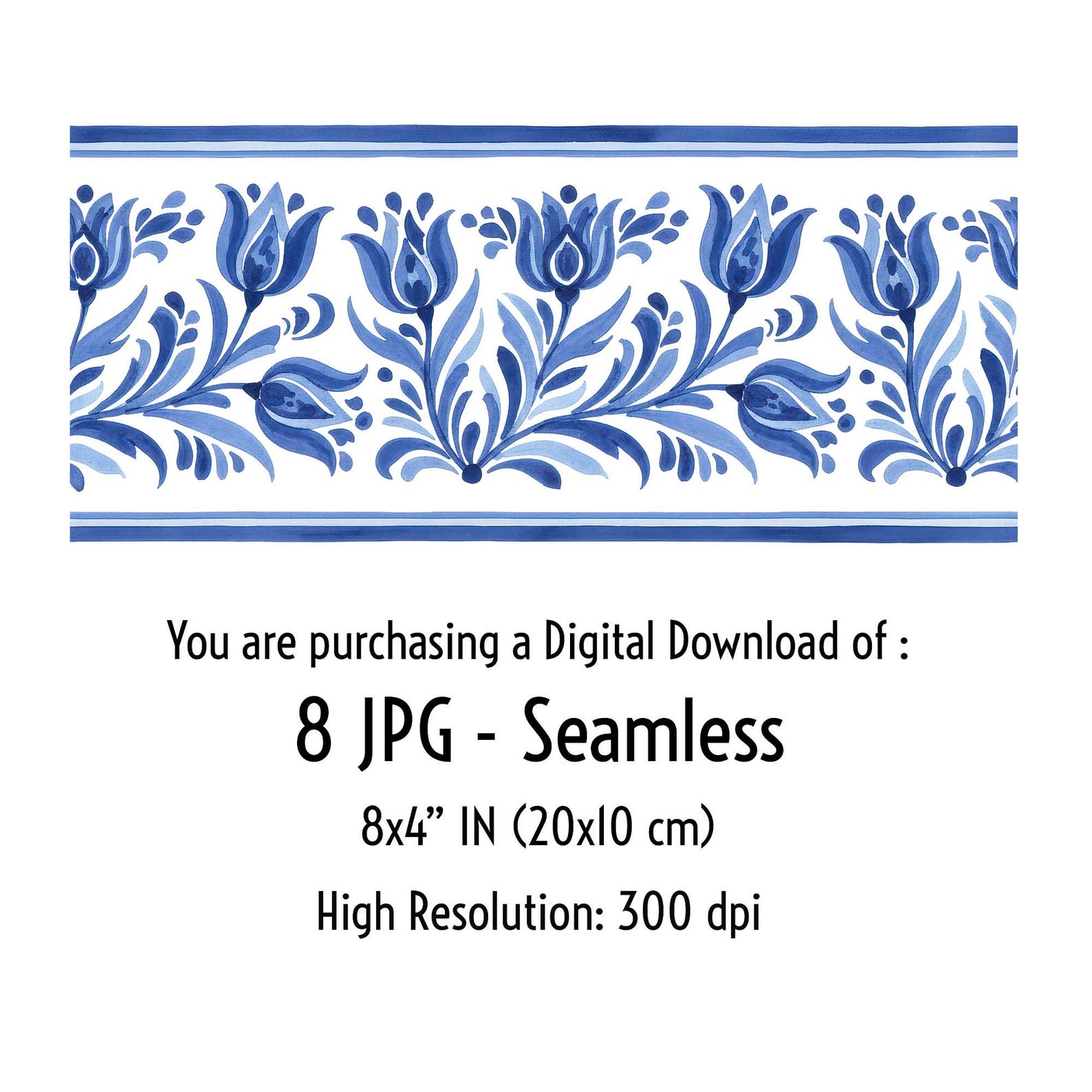 Blue and White Tulip Borders, Seamless Watercolor Floral Pattern, High ...