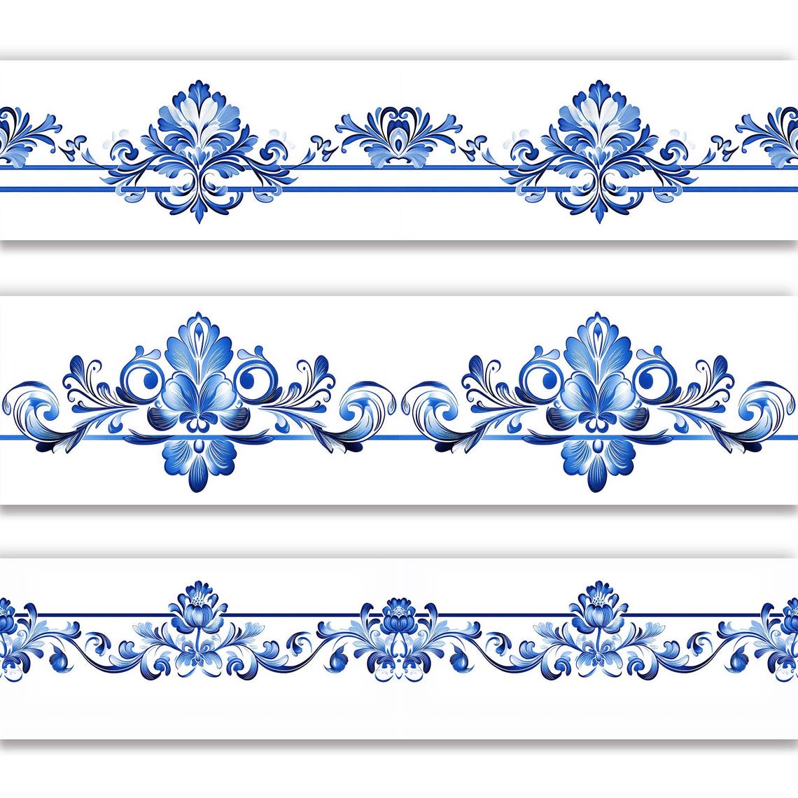 Blue Floral Border, Horizontal Seamless Strips, Digital Scrollwork ...