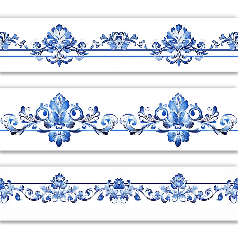 Blue Floral Border, Horizontal Seamless Strips, Digital Scrollwork ...