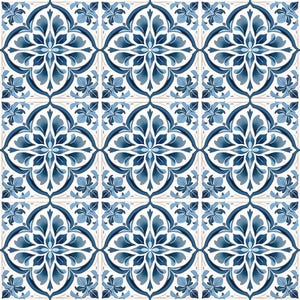Blue Tiles, Mediterranean Spanish Style, White Background Floral Square ...