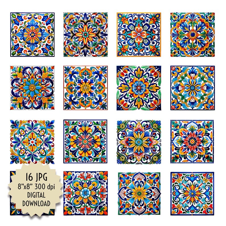 Mexican Style Tile Clipart Set: Colorful 8x8" Designs for DIY Crafts ...