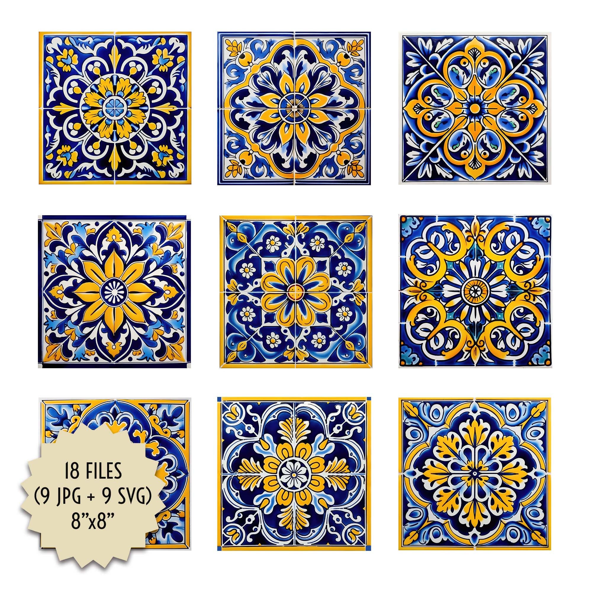 Bundle Antique Blue and Yellow Floral Border Tiles Digital Design ...