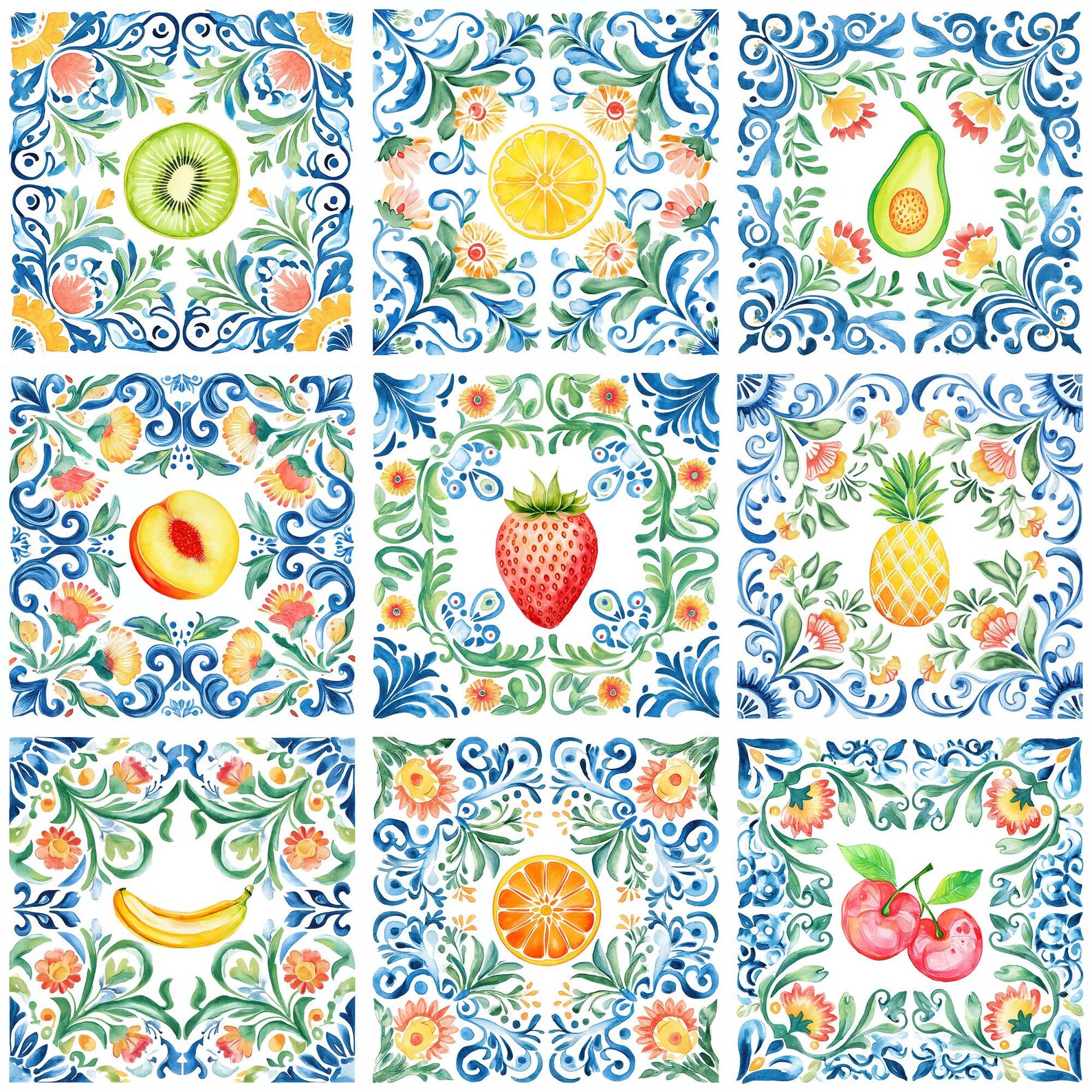 Fruit Tiles, Watercolor Clipart, JPG Citrus, Hand Painted, Tropical ...