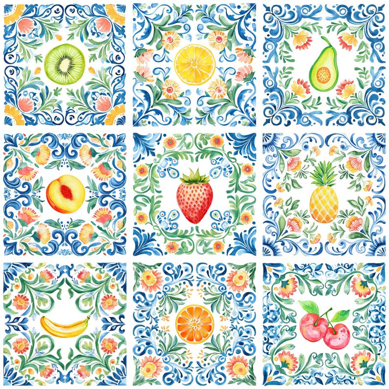 Fruit Tiles, Watercolor Clipart, JPG Citrus, Hand Painted, Tropical ...