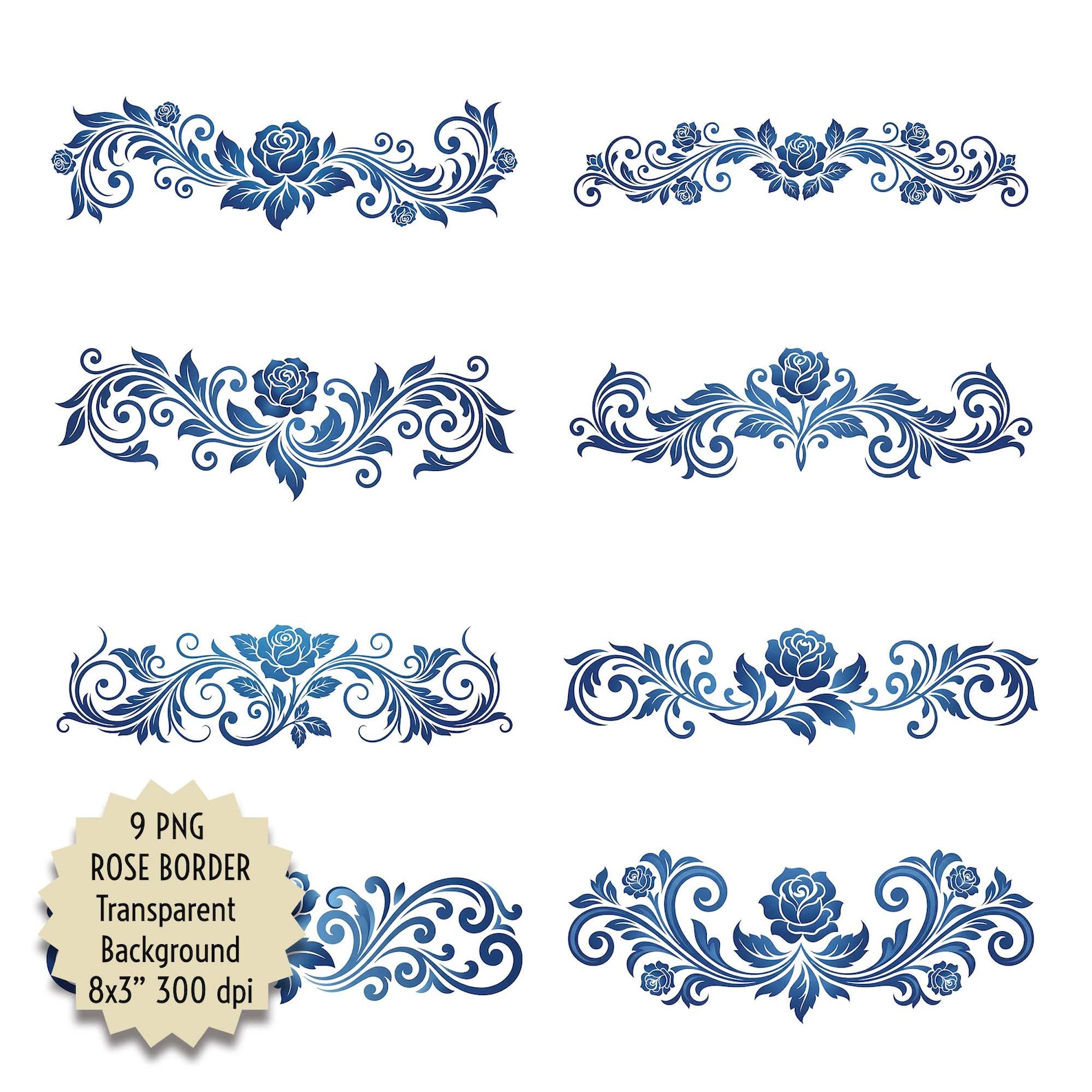 Blue Rose Border Set | 9 PNG Transparent Background | Vintage Floral ...