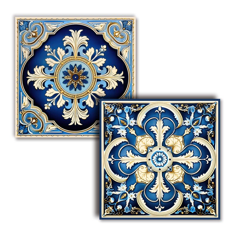 Blue Tile Mosaic, Floral Vintage Ceramic Mural Clipart, Square Sticker ...
