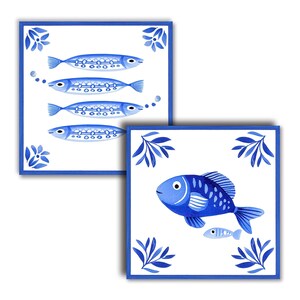 Blue Fish Tile Set, Nautical Marine Patterns, Cute Digital Mosaic Art ...