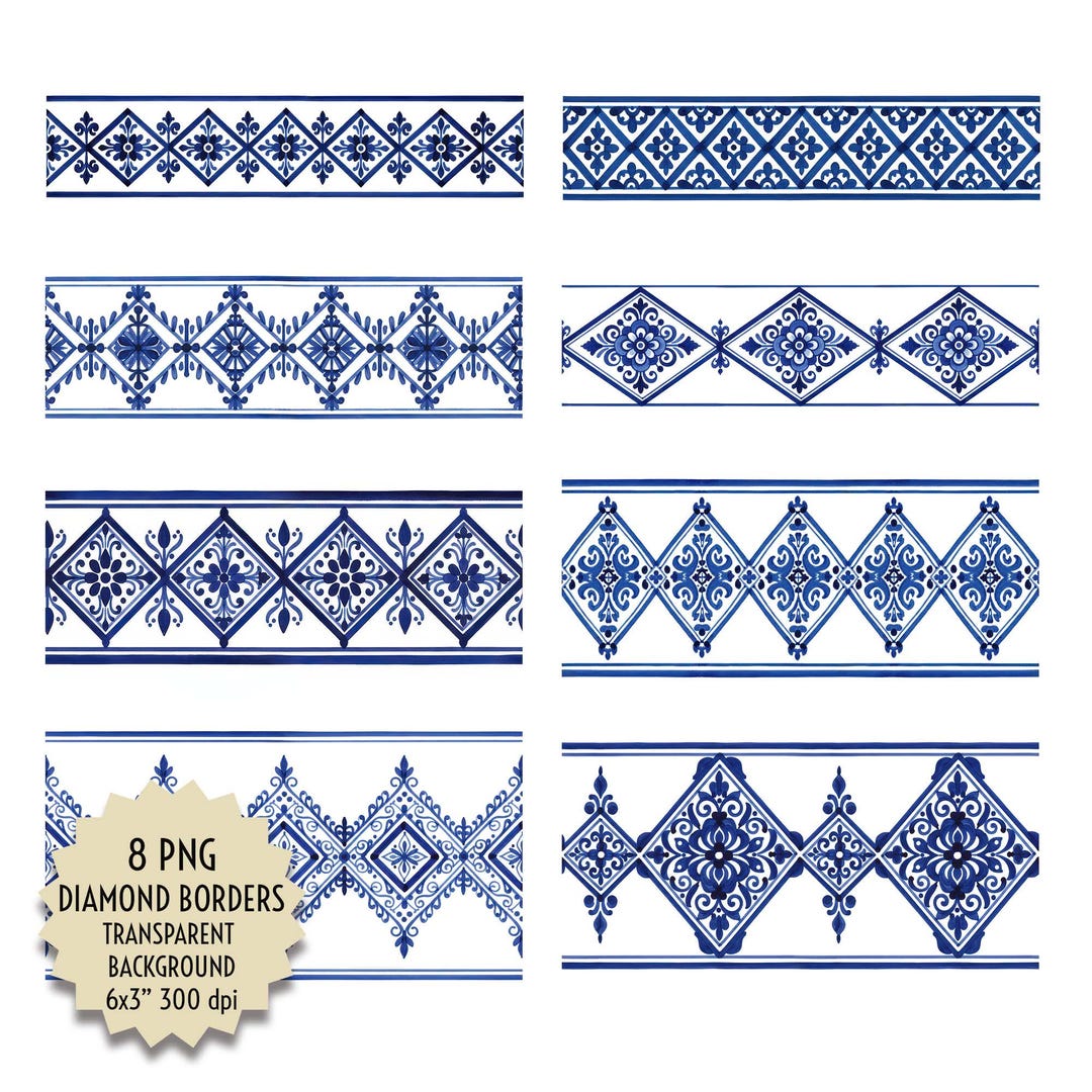 Set of 8 Cobalt Blue Diamond Seamless Borders, Chinoiserie Decorative ...